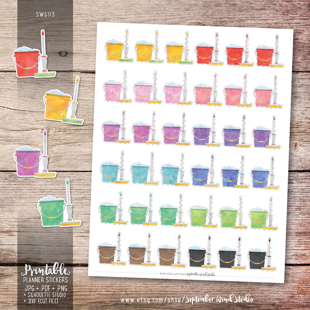 Mop Printable Planner Stickers, Watercolor Mopping Stickers, Cleaning ...