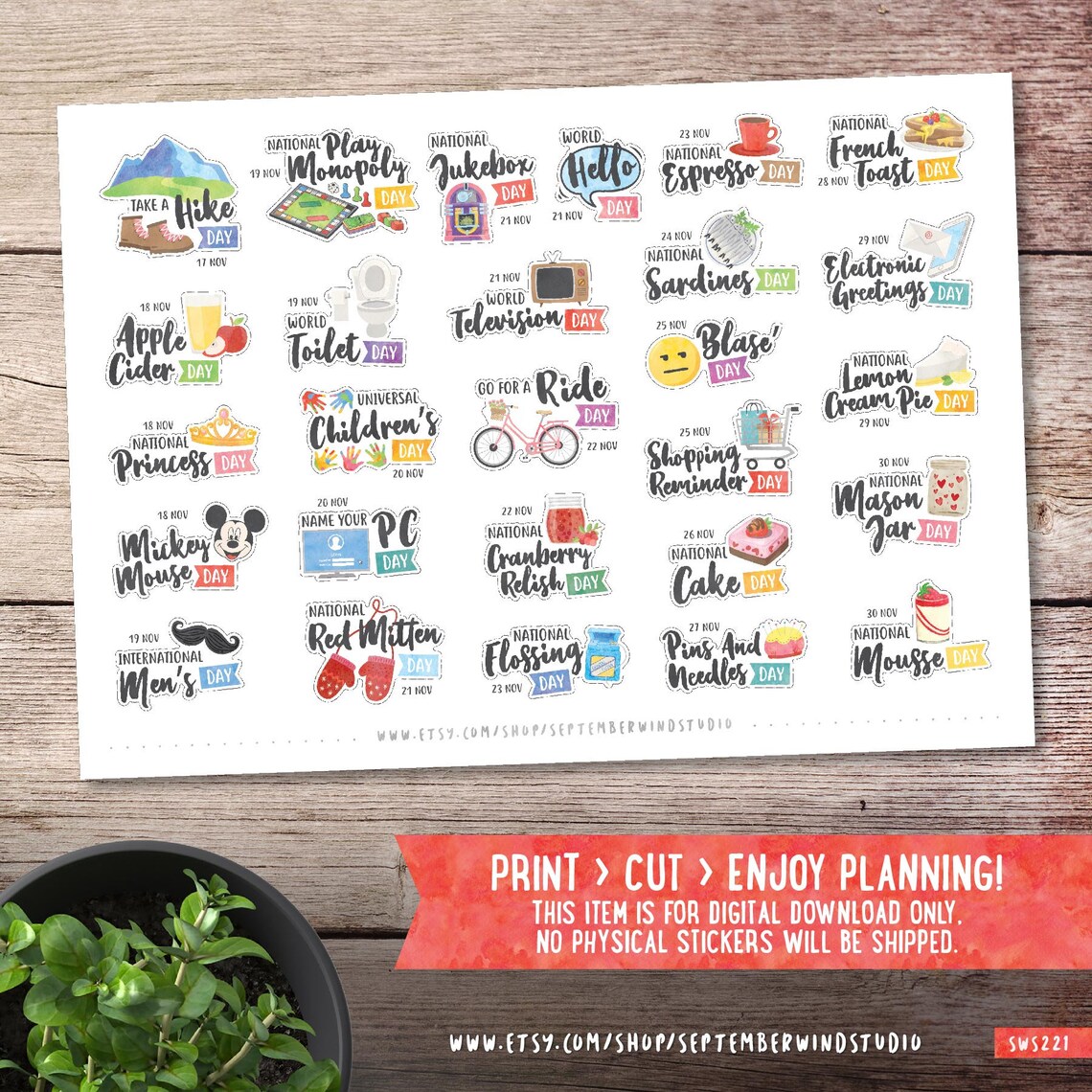 November Wacky Holidays Printable Planner Stickers Watercolor - Etsy