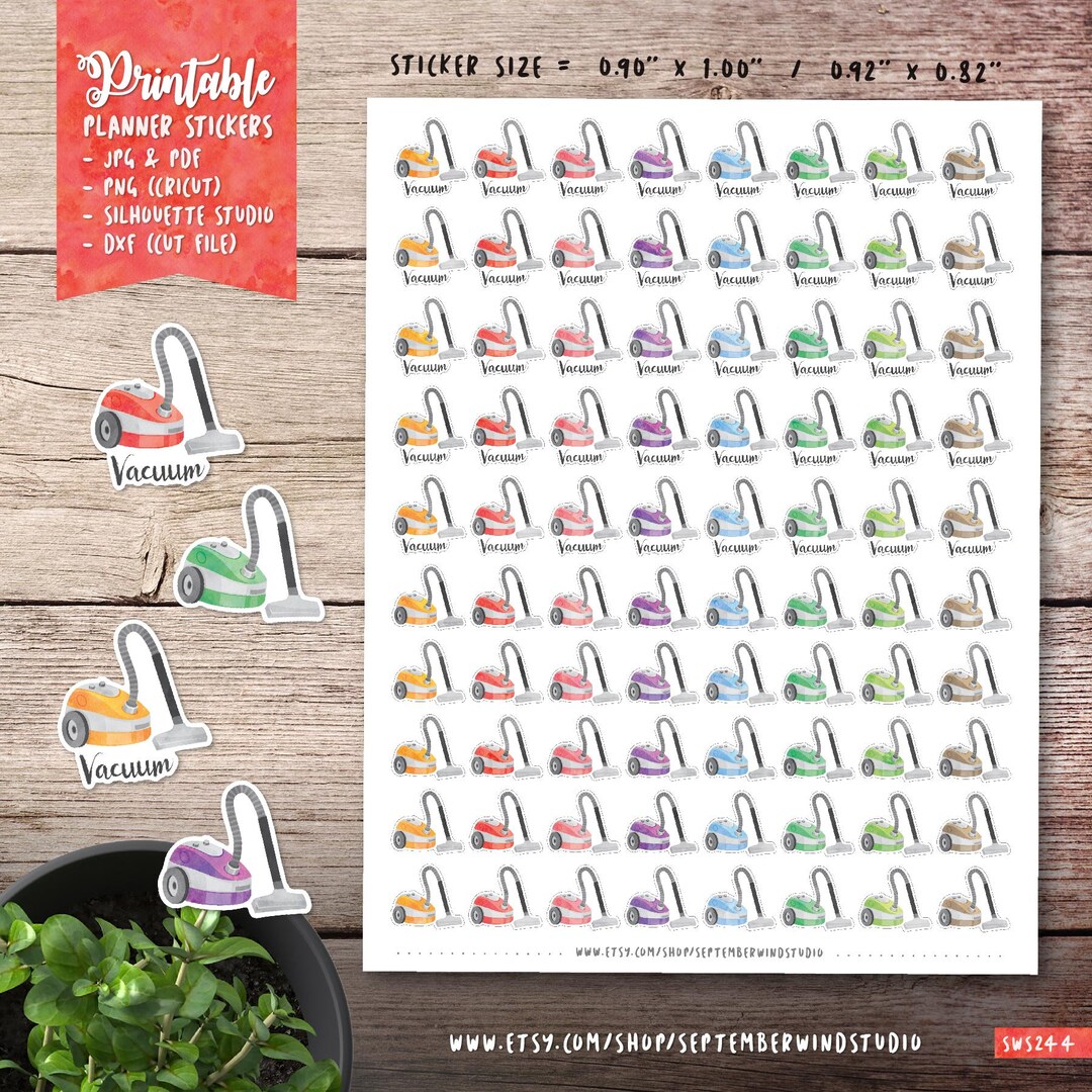 Vacuum Printable Planner Stickers, Cleaning Stickers, Watercolor ...