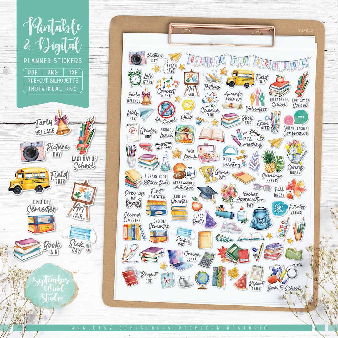 Back to School Printable Planner Stickers, Watercolor School Stickers ...