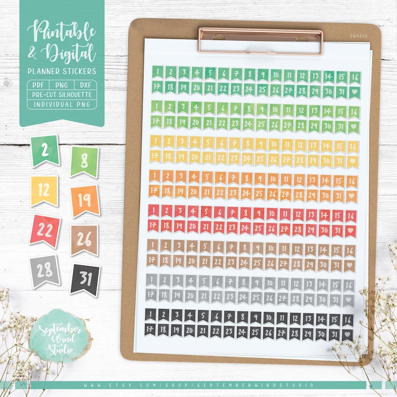 Date Flags Planner Stickers: Printable & Digital (PDF, Cricut ...