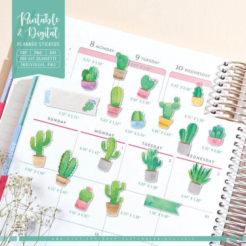 Cactus Planner Stickers: Printable & Digital (PDF, Cricut PNG ...