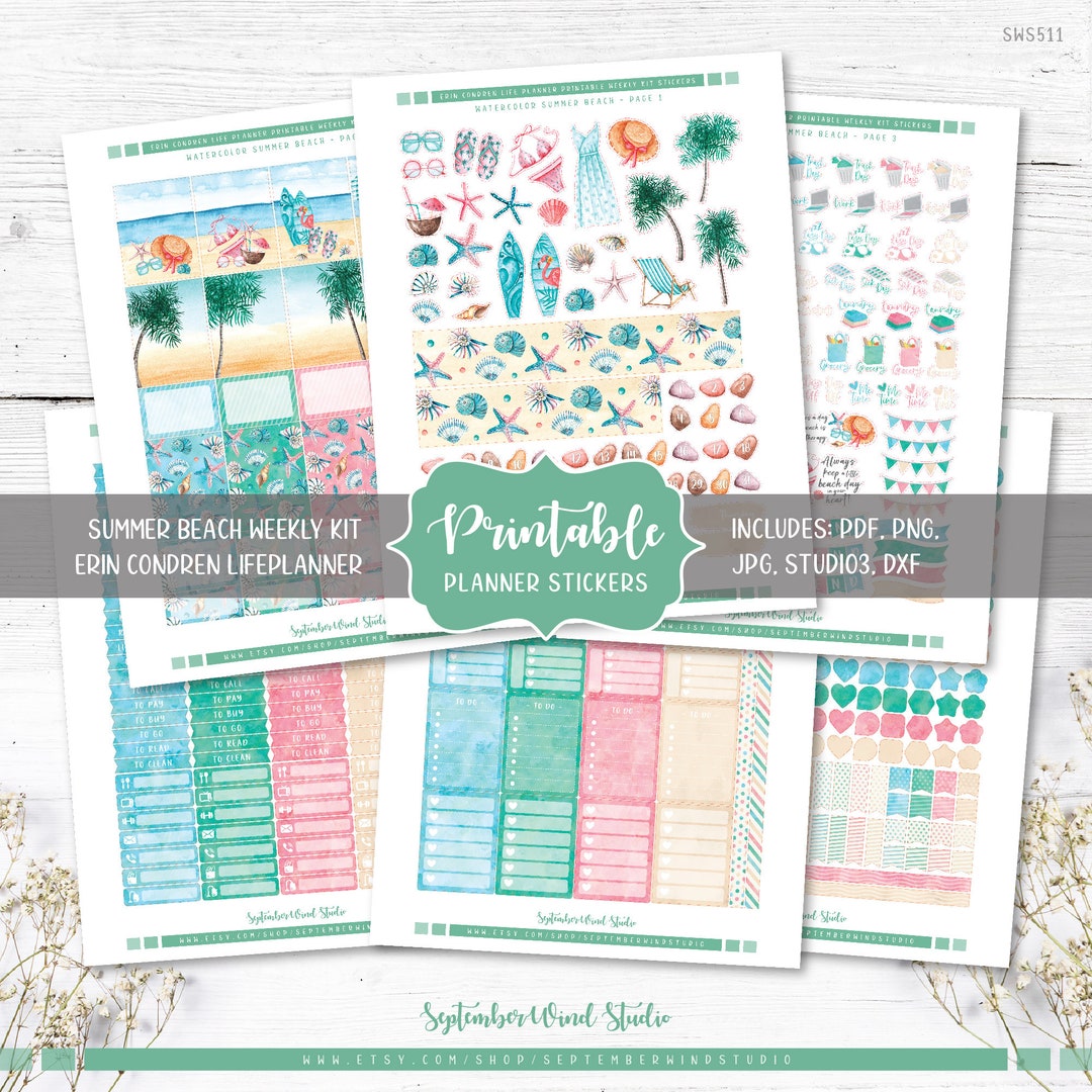 Summer Beach Printable Planner Stickers Vertical Weekly Kit - Etsy