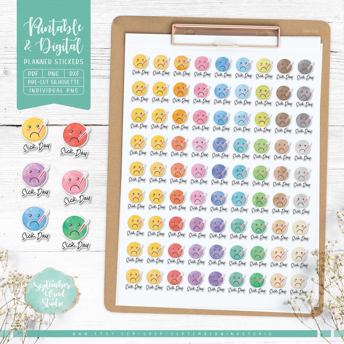 Sick Day Emoji Planner Stickers: Printable & Digital (PDF, Cricut ...