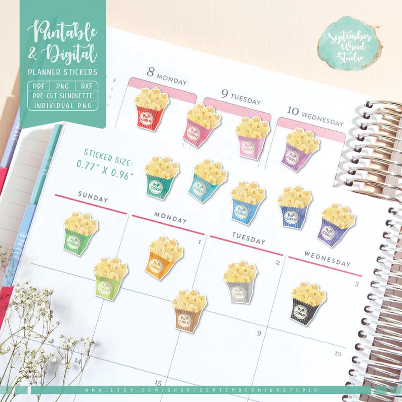 Popcorn Planner Stickers: Printable & Digital (PDF, Cricut, Silhouette ...