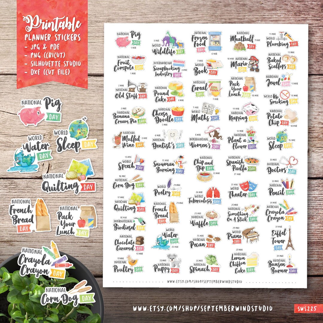 March Wacky Holidays Printable Planner Stickers, Watercolor Stickers ...