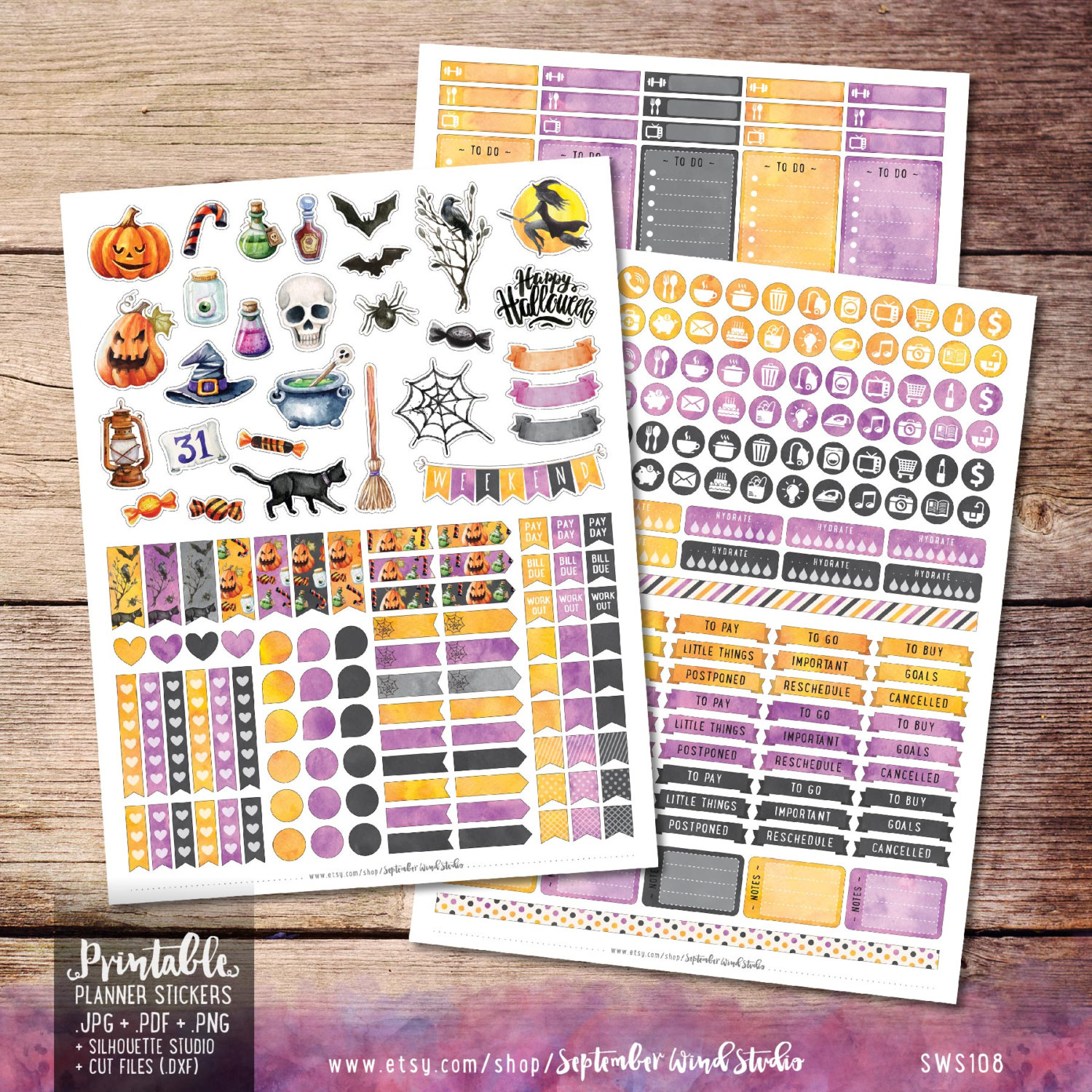 Halloween Printable Planner Stickers Watercolor Halloween | Etsy