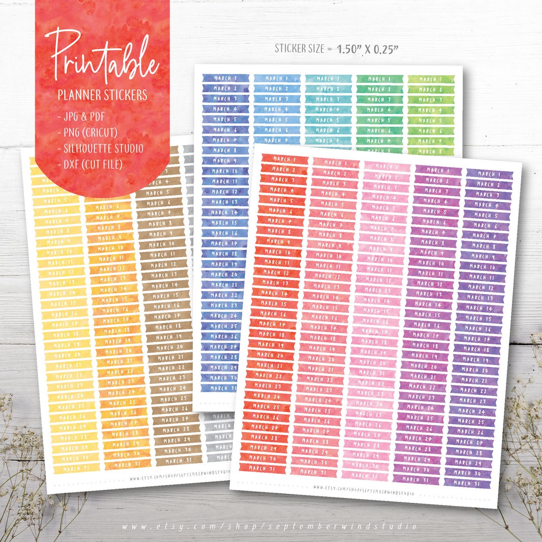 Maart Data Afdrukbare Planner Stickers, Aquarel Stickers, Dagen van de ...