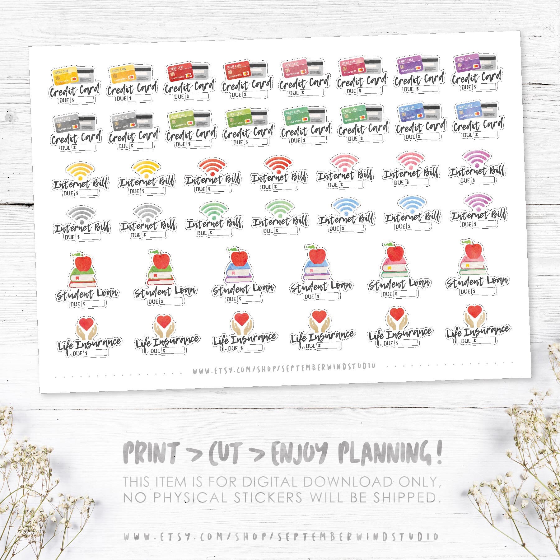 Payment Due Printable Planner Stickers Watercolor Payment - Etsy