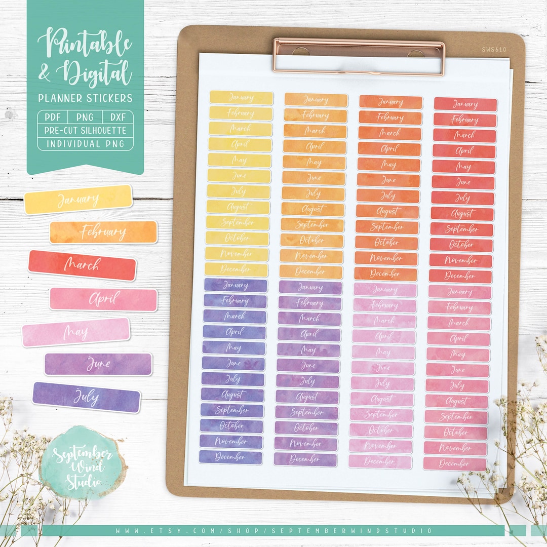 Months Printable Planner Stickers, Months Stickers, Watercolor Stickers ...