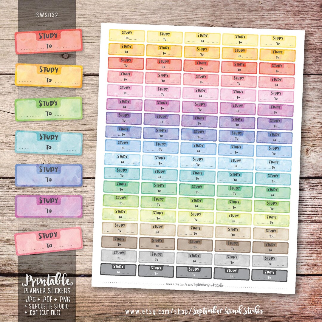 Study Time Printable Planner Stickers, Watercolor Study Stickers, Erin ...