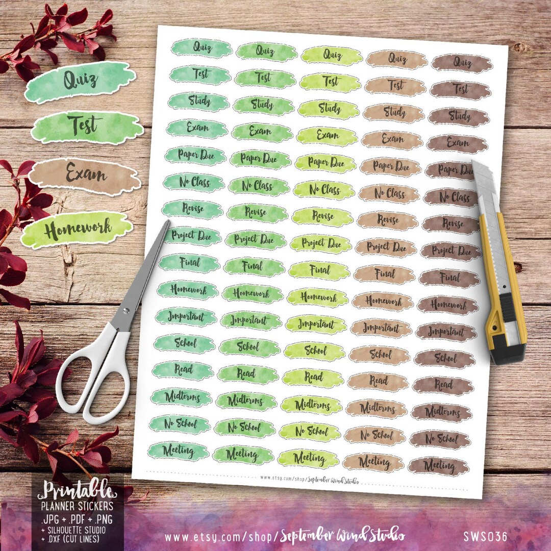School Printable Planner Stickers, Watercolor School Stickers, Erin ...