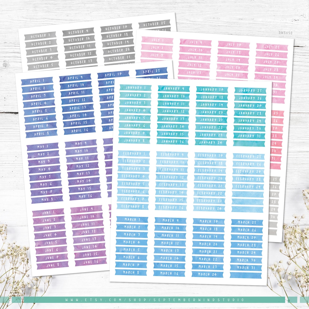 Yearly Dates Printable Planner Stickers, Watercolor Stickers, Date ...