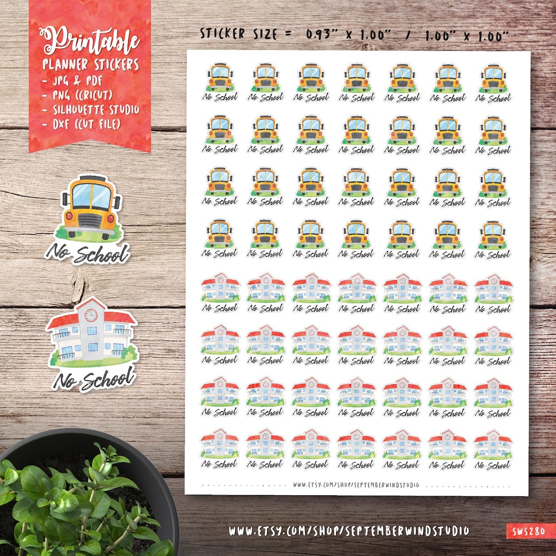 No School Printable Planner Stickers, School Stickers, Watercolor ...