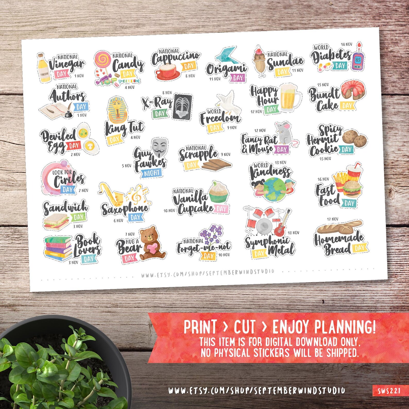 November Wacky Holidays Printable Planner Stickers Watercolor - Etsy