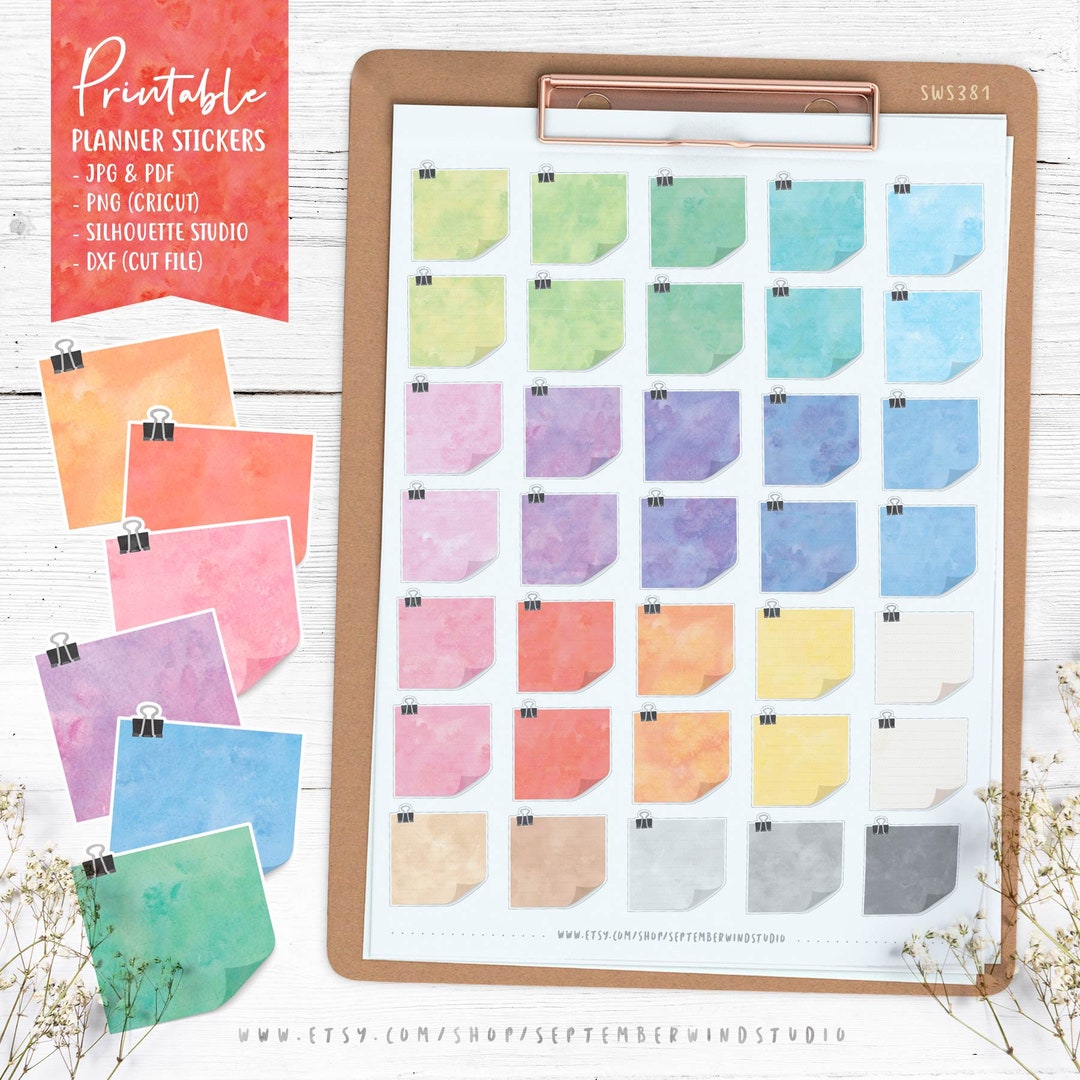 Watercolor Notes Printable Planner Stickers, Erin Condren, Cricut, Cut ...