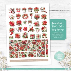 Poinsettia Christmas Printable Planner Stickers, Vertical Weekly Kit ...