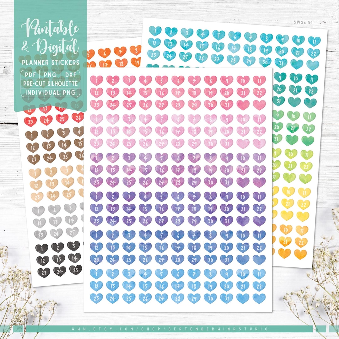 Heart Date Planner Stickers: Printable & Digital (PDF, PNG) - Etsy