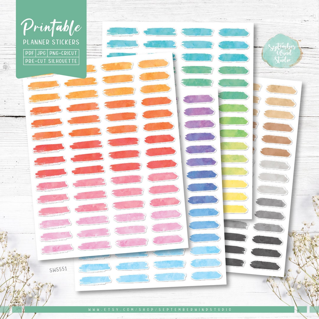 Watercolor Brush Stroke Planner Stickers: Printable (PDF, Cricut PNG ...