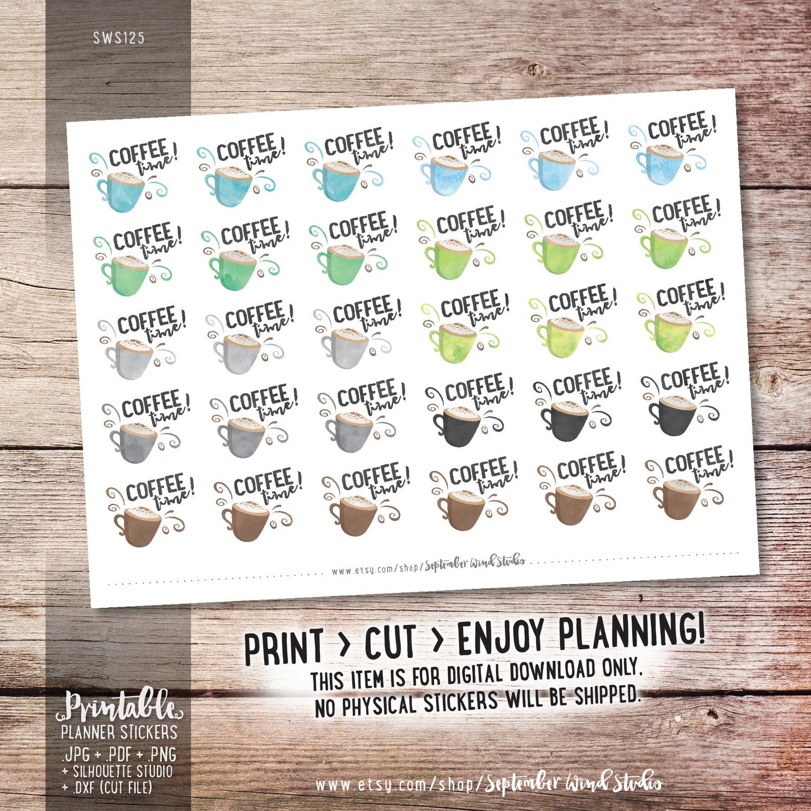 Coffee Time Printable Planner Stickers Watercolor Coffee Time - Etsy