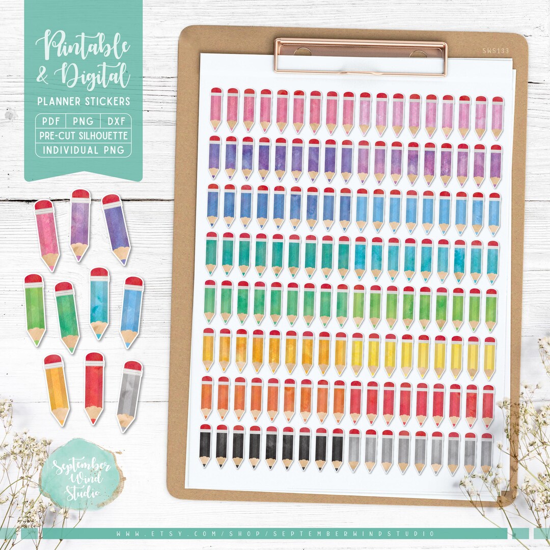 Pencil Planner Stickers: Printable & Digital (PDF, Cricut PNG ...