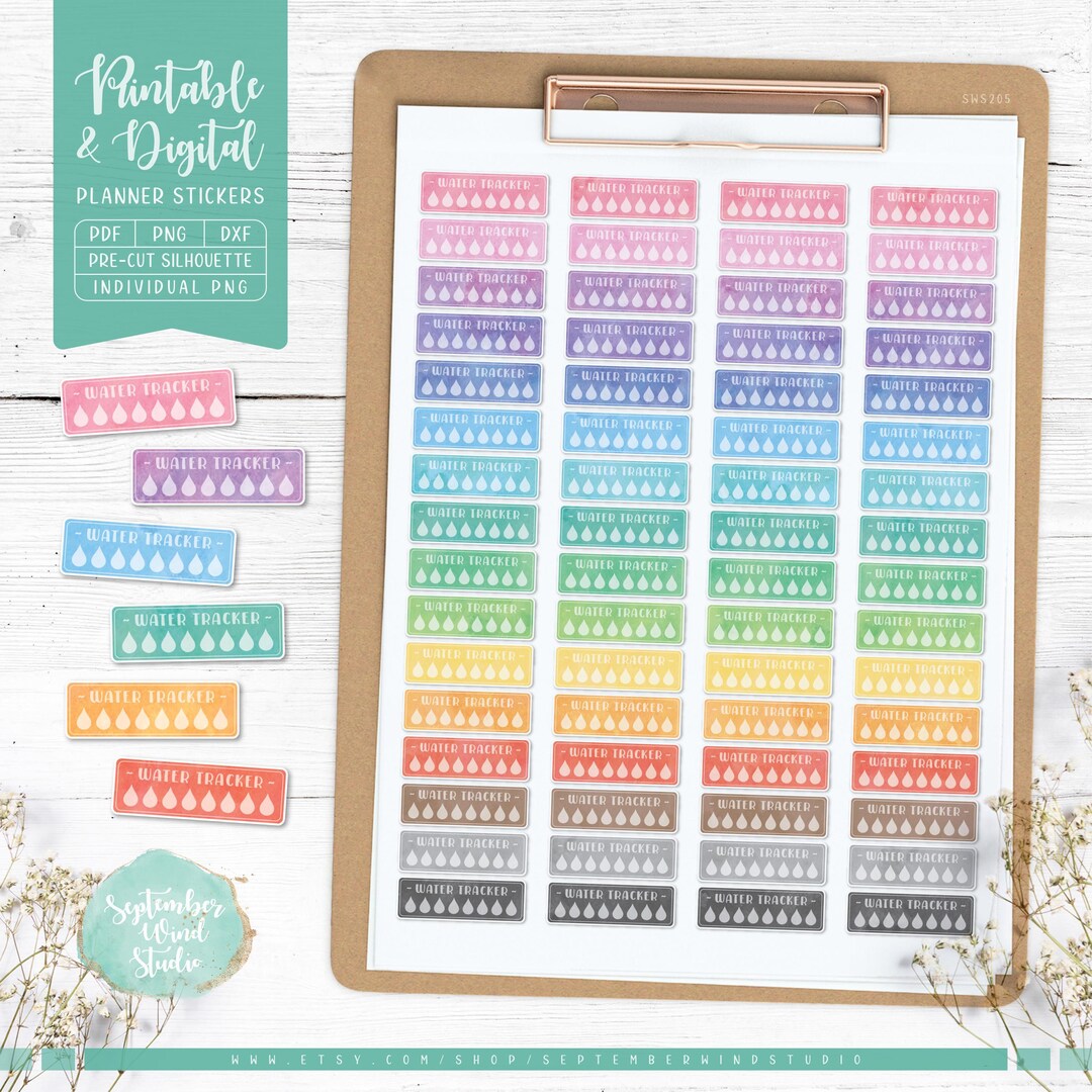Daily Water Tracker Stickers: Printable & Digital (PDF, Cricut ...