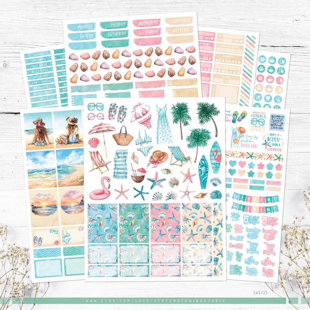 Summer Beach Printable Planner Stickers, Vertical Weekly Kit ...