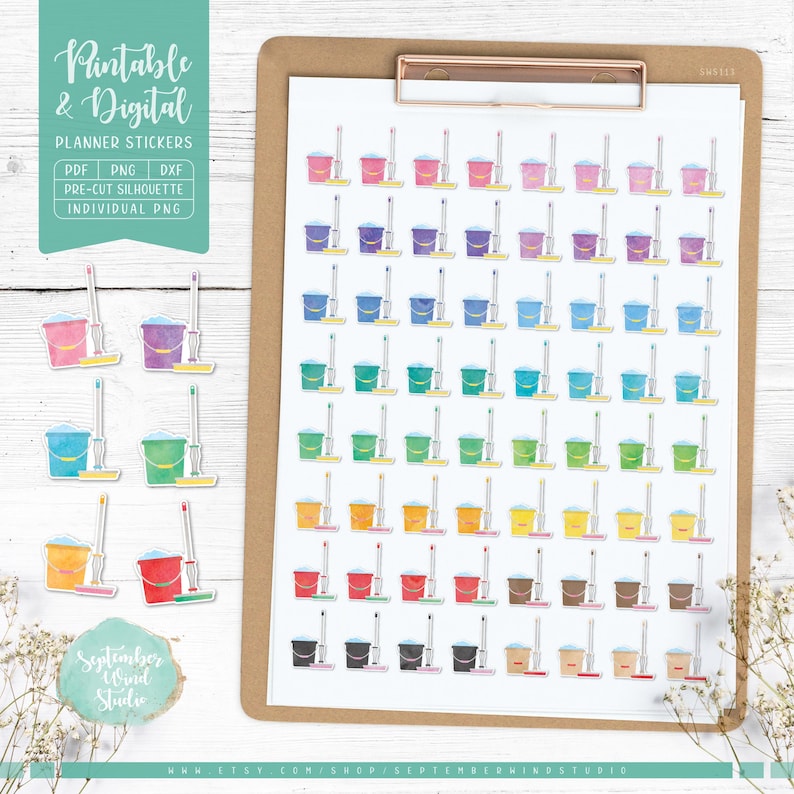 Mop Floor Cleaning Stickers, Planner Stickers (printable PDF, PNG) - Etsy