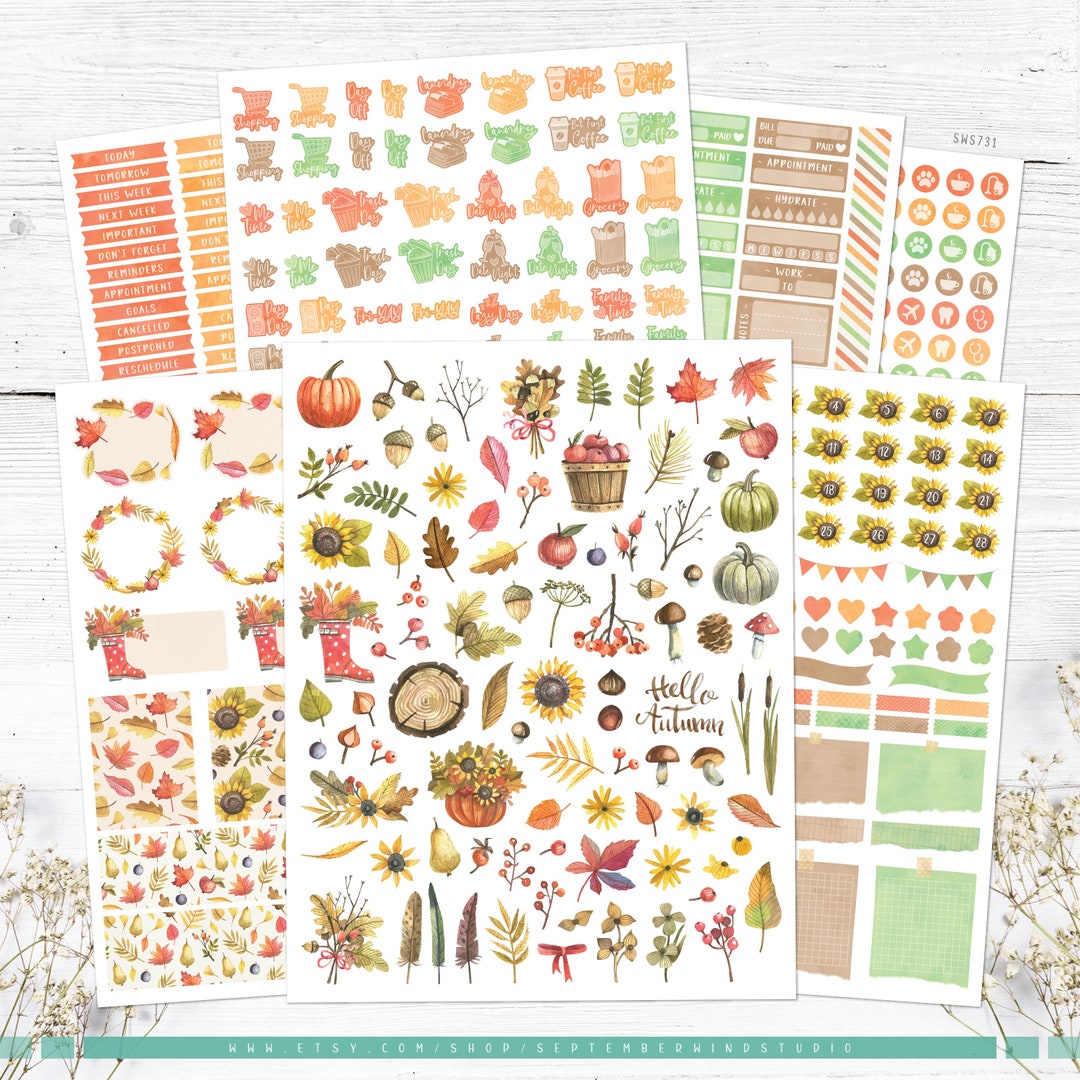 Fall Printable Planner Stickers, Vertical Weekly Kit, Autumn Stickers ...