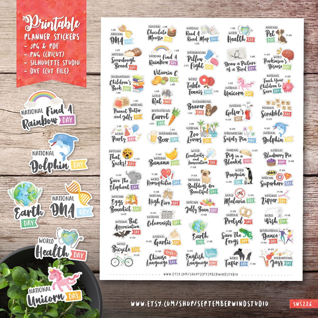 April Wacky Holidays Printable Planner Stickers, Watercolor Stickers ...