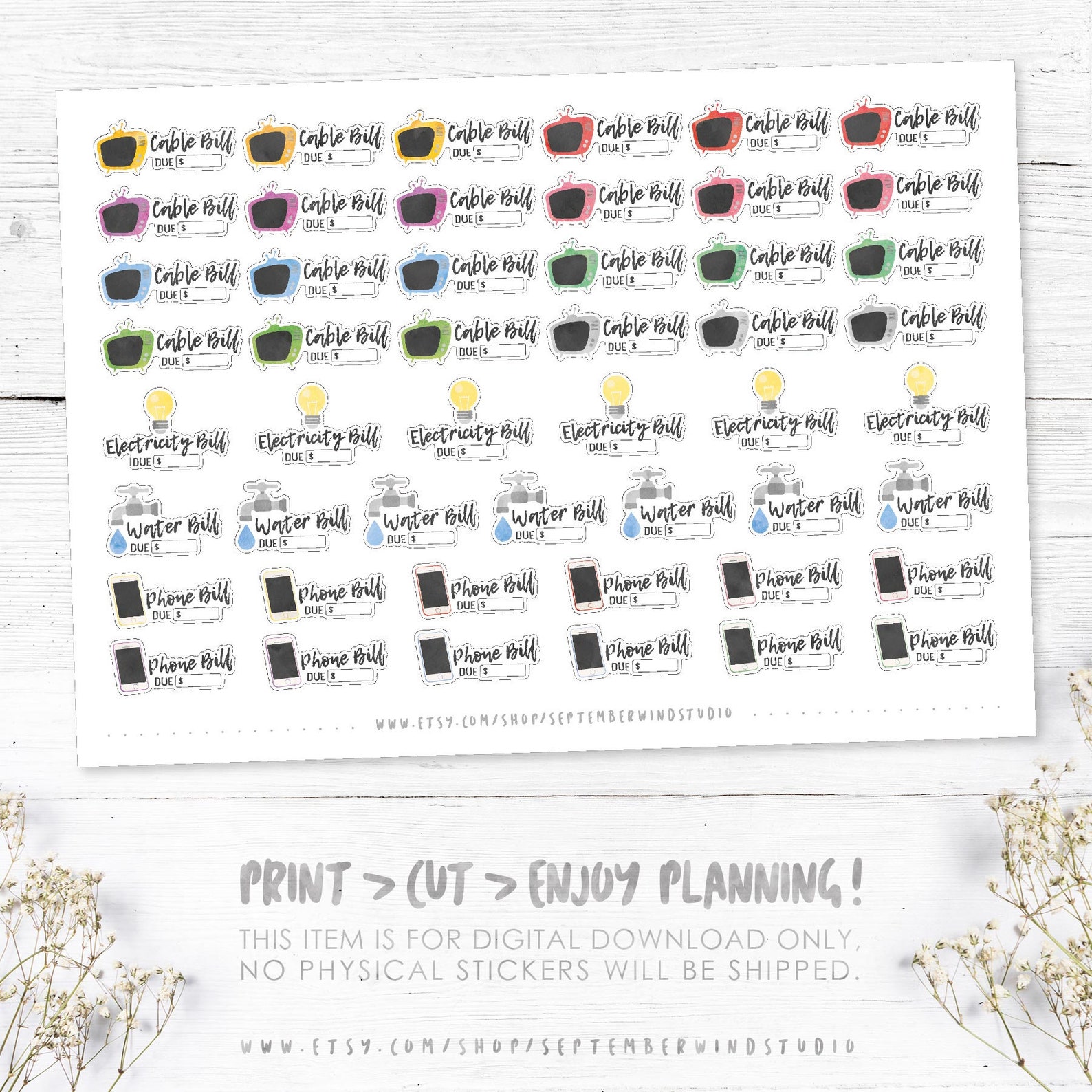 Payment Due Printable Planner Stickers, Watercolor Payment Stickers ...
