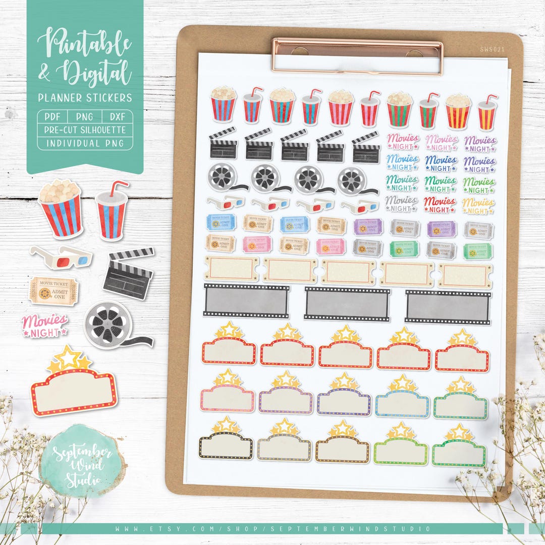 Movie Night Planner Stickers: Printable & Digital (PDF, Cricut ...