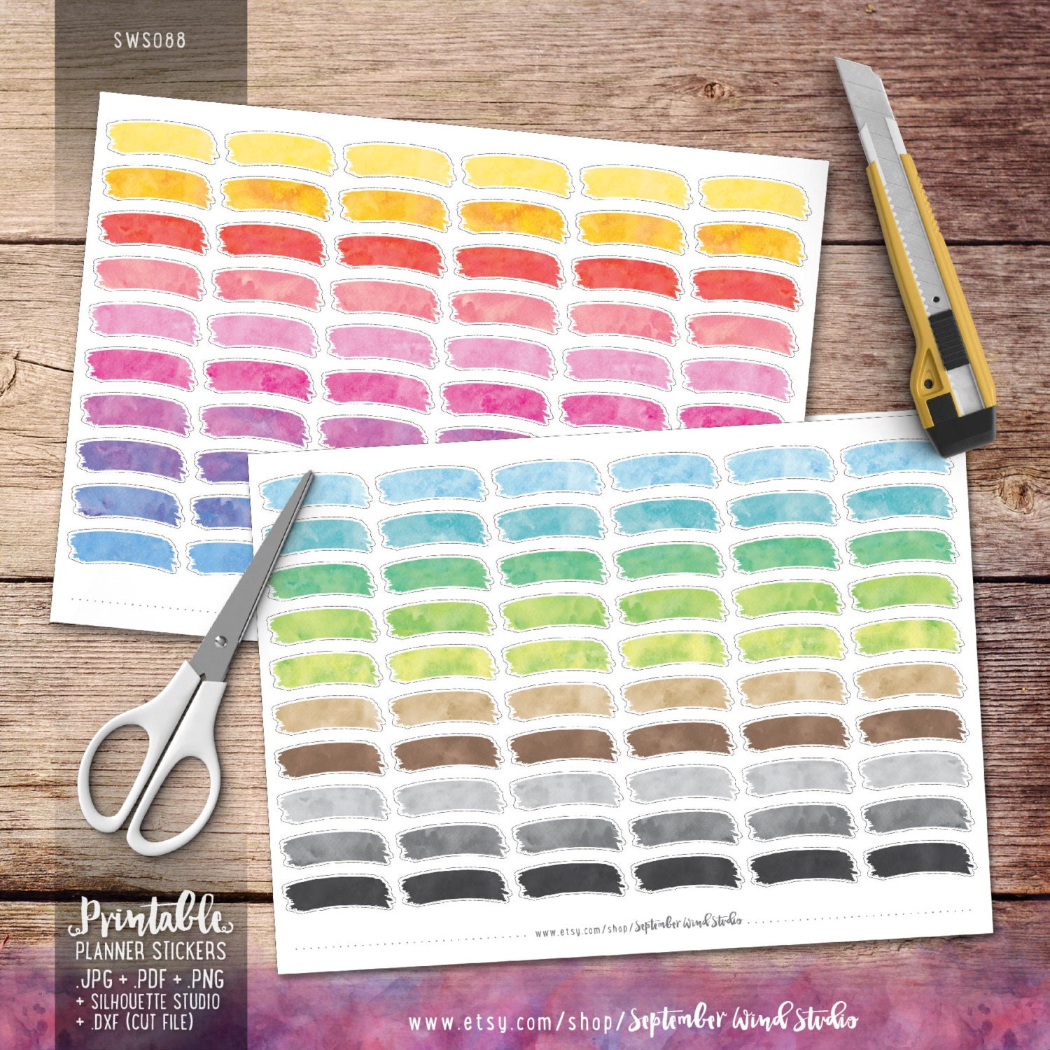 Brush Stroke Printable Planner Stickers Watercolor Brush - Etsy