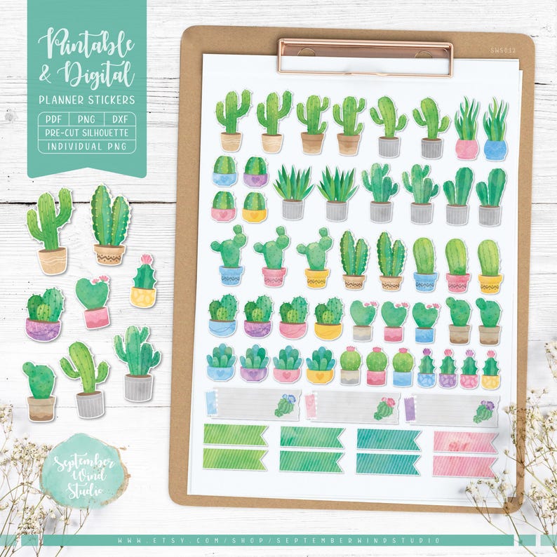 Cactus Planner Stickers: Printable & Digital (PDF, Cricut PNG ...