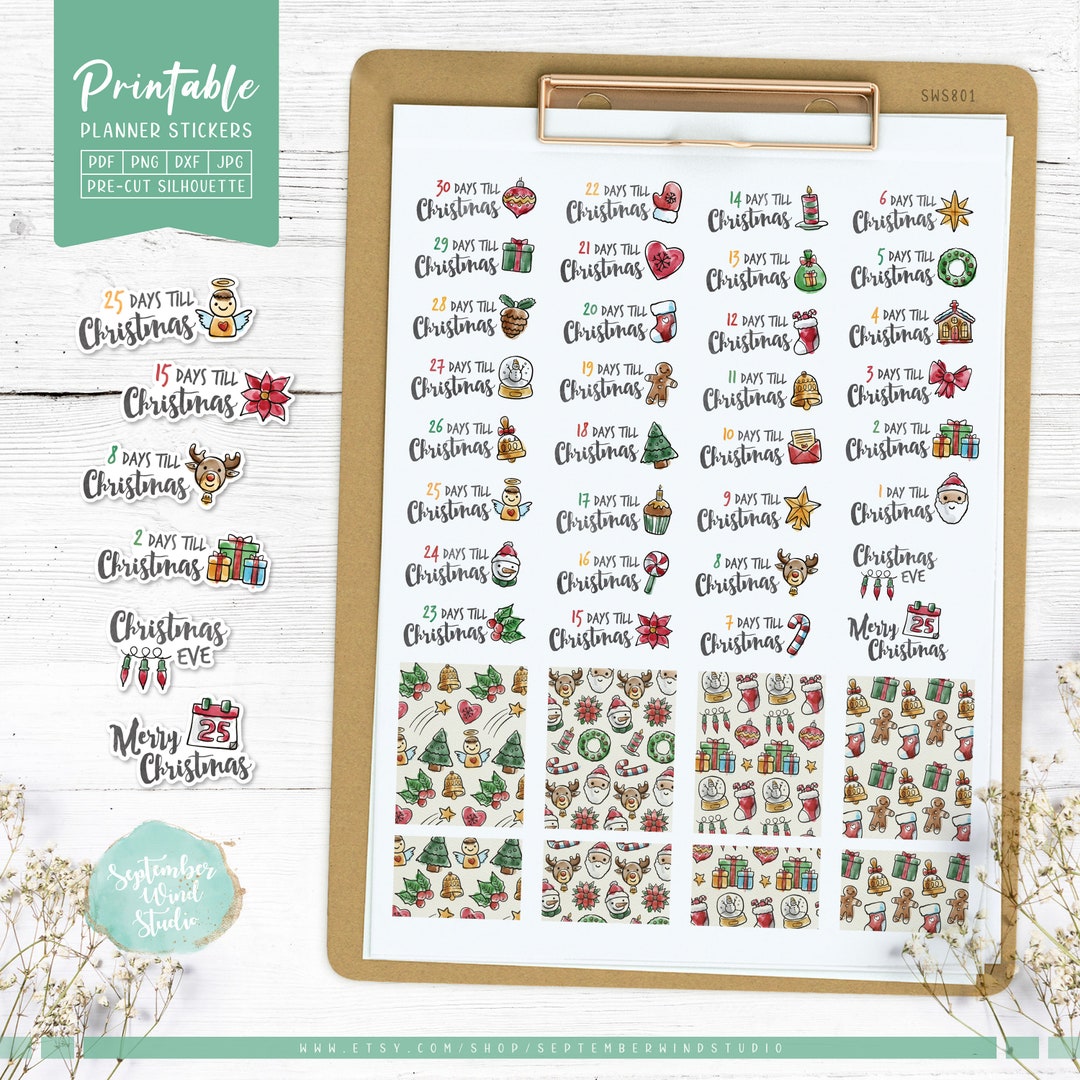 Christmas Countdown Printable Planner Stickers, Watercolor Christmas ...