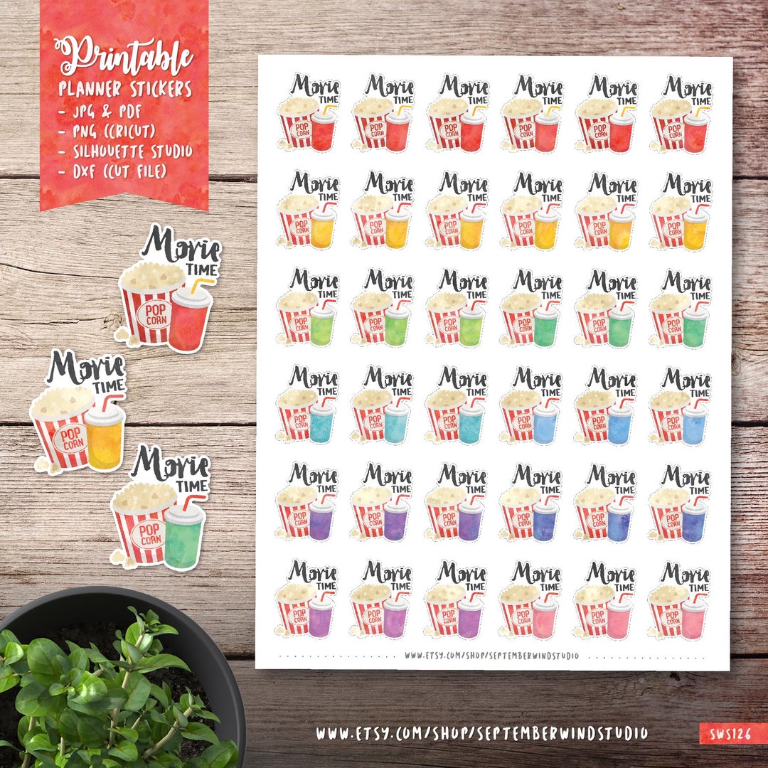 Movie Time Printable Planner Stickers, Watercolor Movie Time Stickers ...