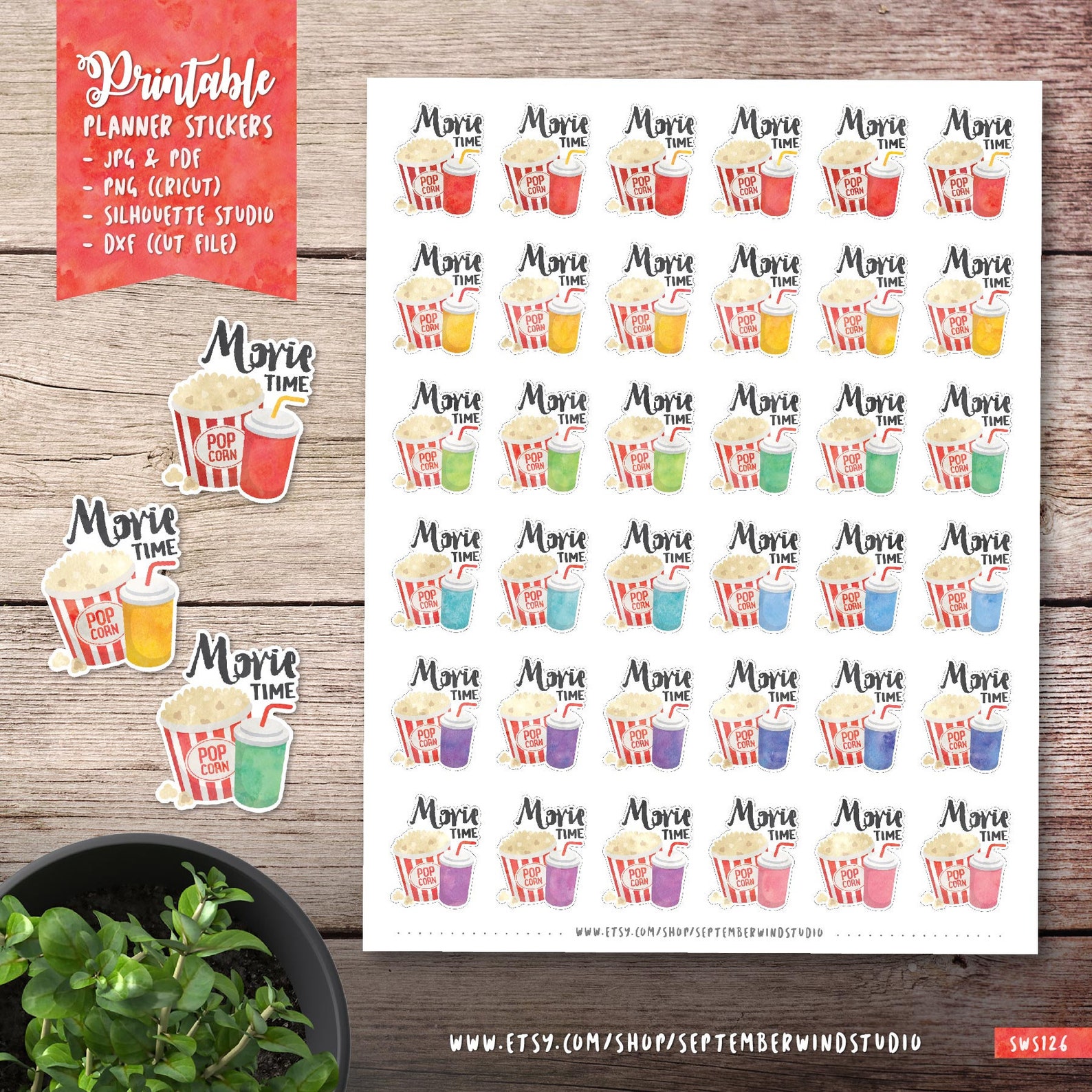 Movie Time Printable Planner Stickers Watercolor Movie Time | Etsy