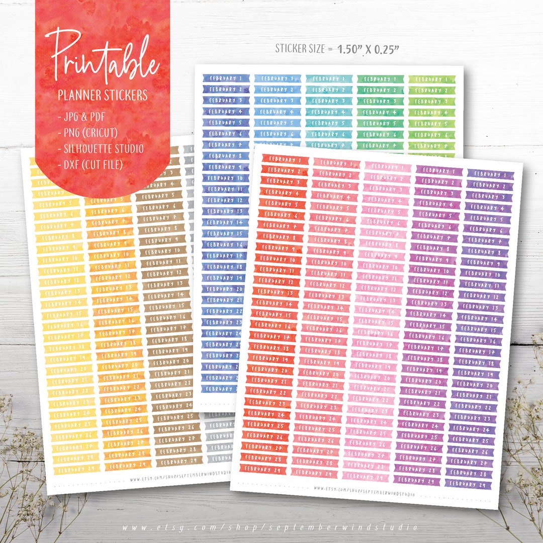 February Dates Printable Planner Stickers, Watercolor Stickers, Days of ...