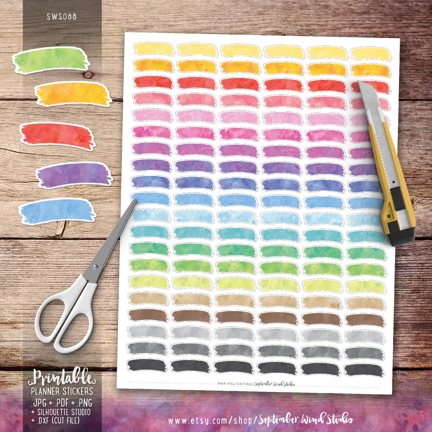 Brush Stroke Printable Planner Stickers Watercolor Brush - Etsy
