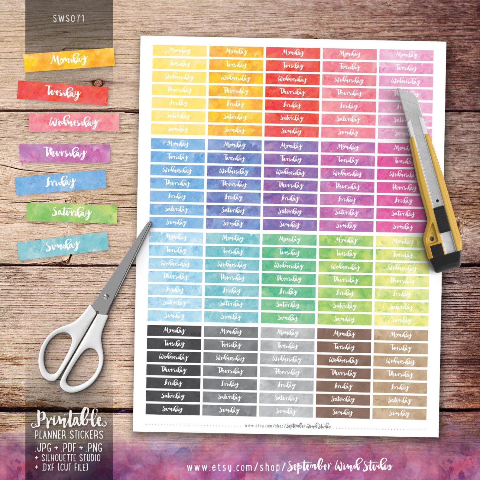 Days of the Week Printable Planner Stickers Date Cover - Etsy