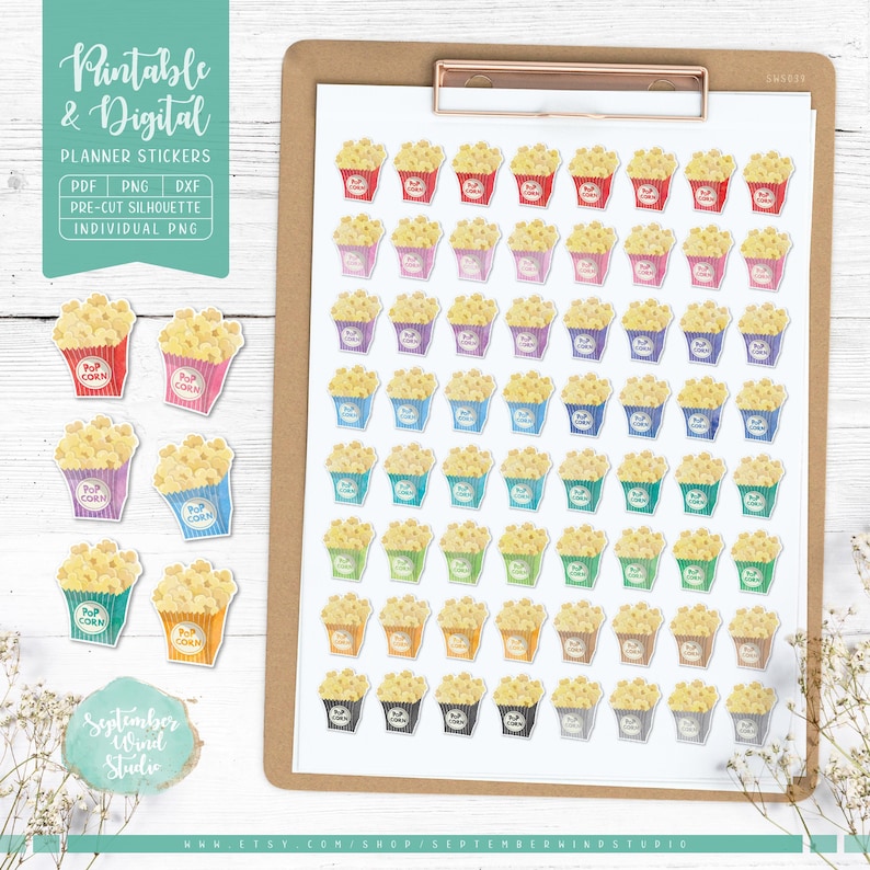 Popcorn Planner Stickers: Printable & Digital (PDF, Cricut, Silhouette ...