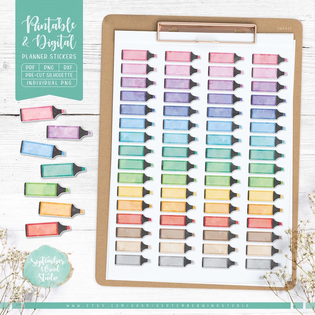 Highlighter Planner Stickers: Printable & Digital (PDF, Cricut PNG ...