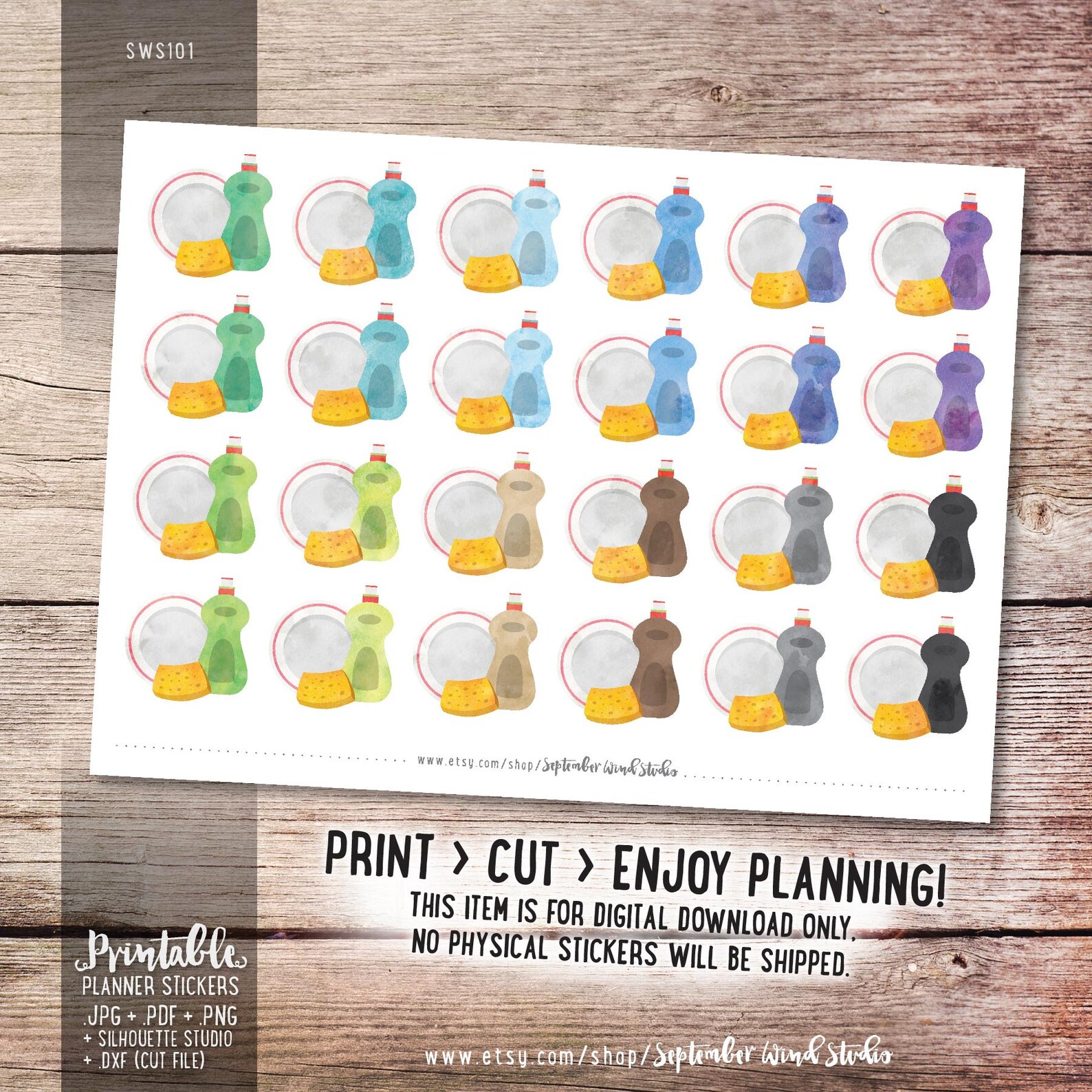 Wash Dishes Printable Planner Stickers Watercolor Wash Dishes - Etsy
