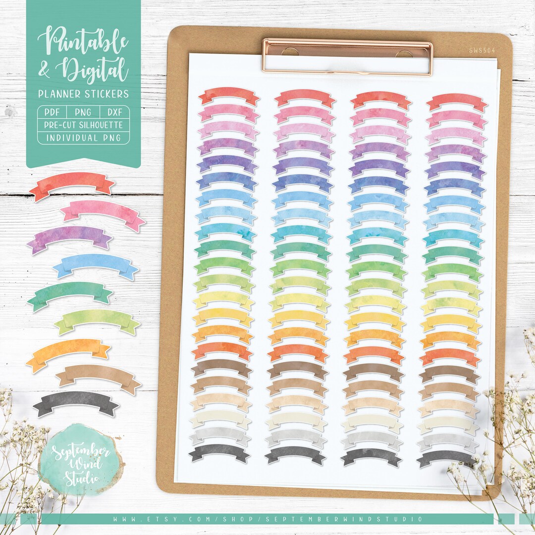 Ribbon Banners Printable Planner Stickers, Watercolor Banner Stickers ...