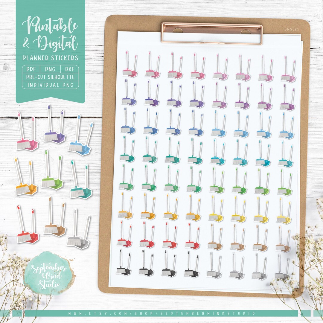 Broom Printable Planner Stickers, Broom Digital Stickers, Cleaning ...