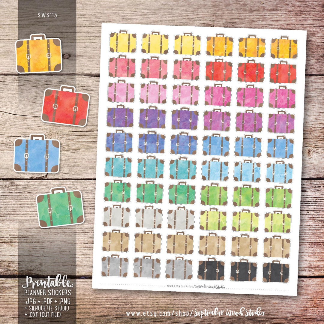 Suitcase Printable Planner Stickers, Watercolor Vintage Suitcase ...