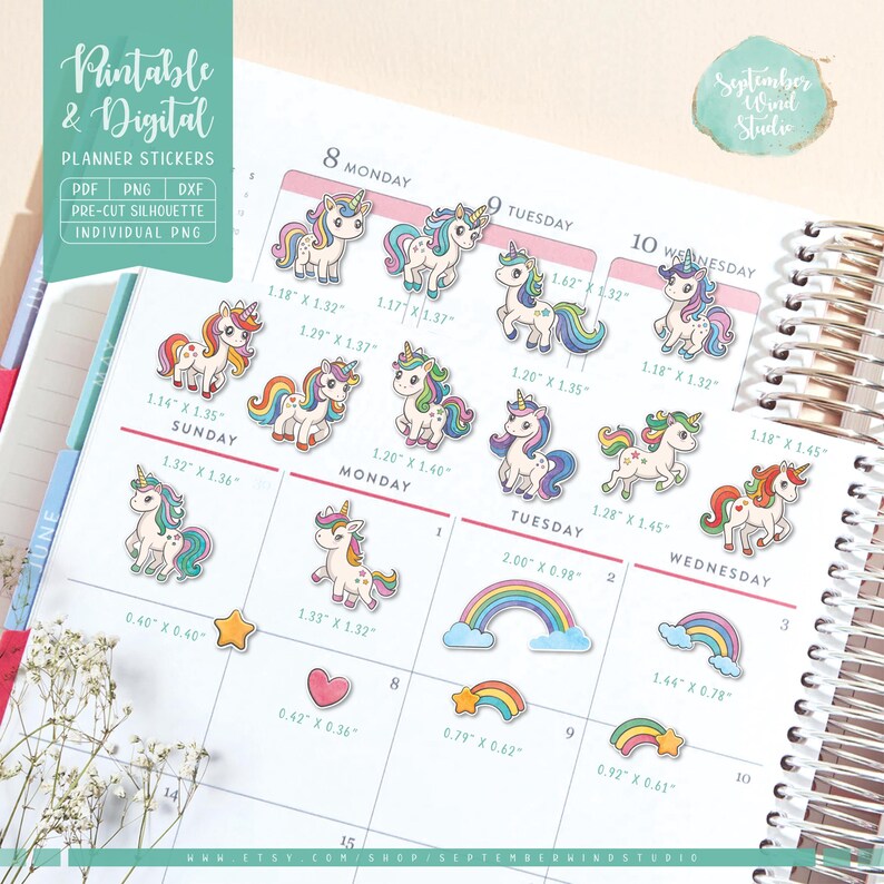 Unicorn Planner Stickers: Printable & Digital (PDF, Cricut, Silhouette ...
