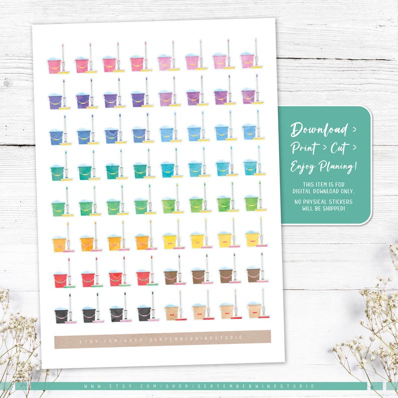 Mop Floor Cleaning Stickers, Planner Stickers (printable PDF, PNG) - Etsy