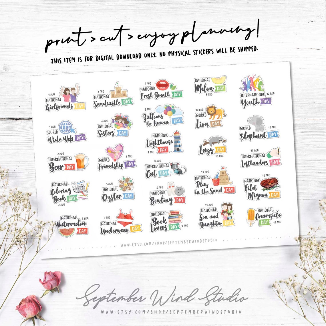 August Wacky Holidays Printable Planner Stickers Watercolor - Etsy