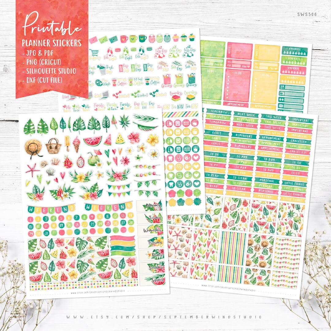 Vertical Weekly Printable Planner Stickers Kit, Summer Planner Stickers ...